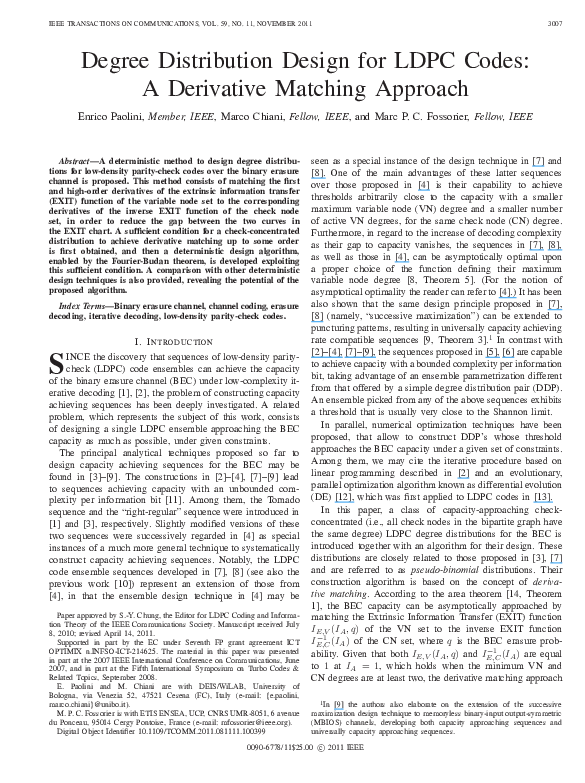 Pdf Degree Distribution Design For Ldpc Codes A Derivative Matching Approach Marc Fossorier