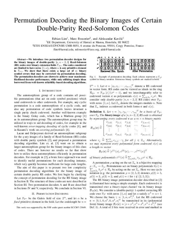 (PDF) Permutation decoding the binary images of certain double-parity reed-solomon codes