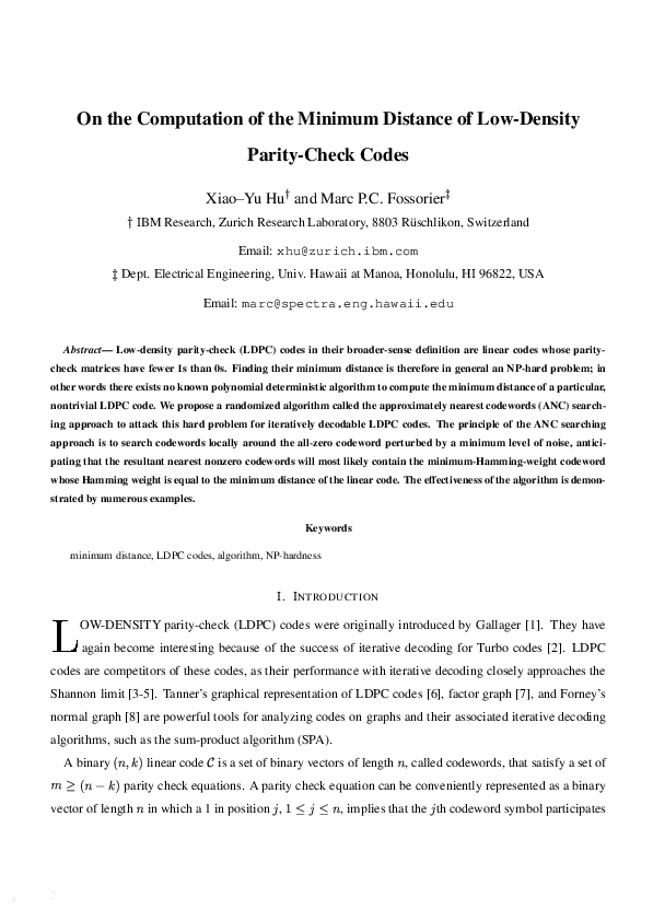 Pdf On The Computation Of The Minimum Distance Of Low Density Parity Check Codes