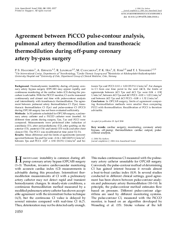 (PDF) Agreement between PiCCO pulse-contour analysis, pulmonal artery ...