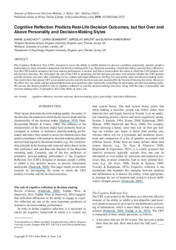 (PDF) Cognitive Reflection Predicts Real-Life Decision Outcomes, but ...