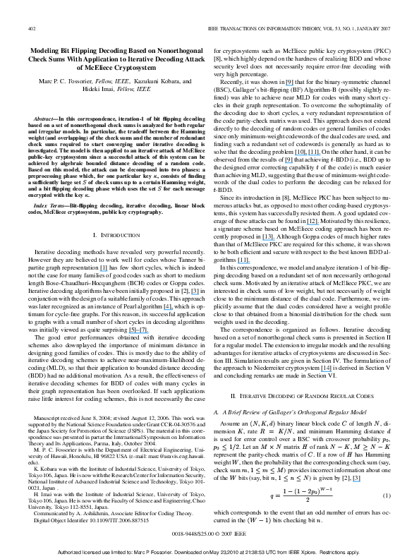 Pdf Modeling Bit Flipping Decoding Based On Nonorthogonal Check Sums With Application To