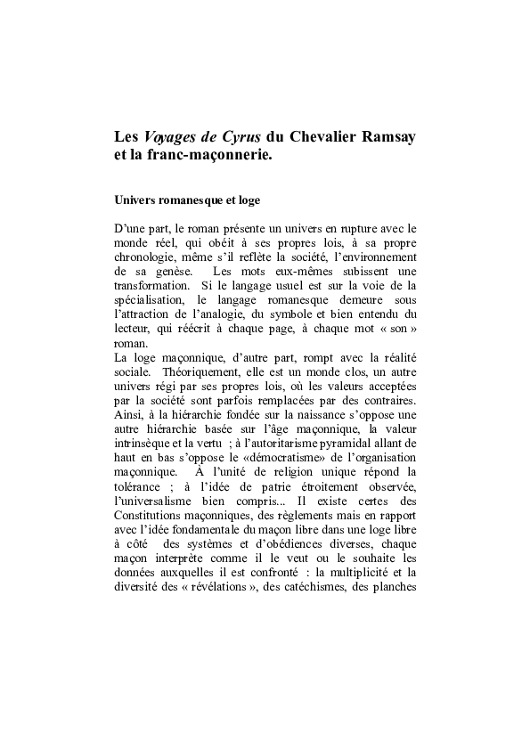 (DOC) Roman et franc-maconnerie, Les Voyages de Cyrus du Chevalier Ramsay