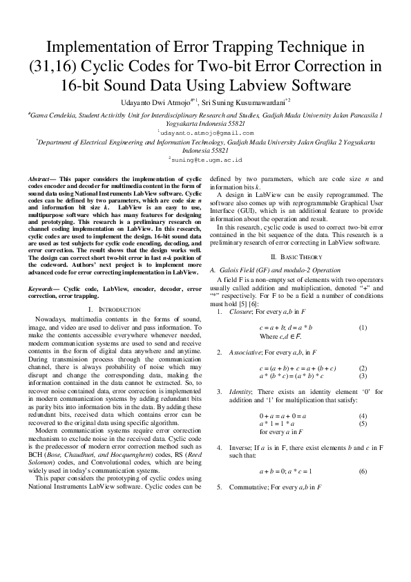Pdf Implementation Of Error Trapping Technique In 31 16 Cyclic Codes For Two Bit Error
