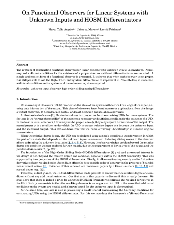 (PDF) On functional observers for linear systems with unknown inputs and HOSM differentiators