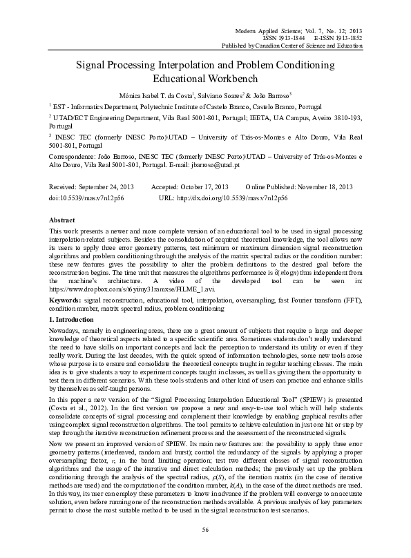 (PDF) Signal Processing Interpolation and Problem Conditioning Educational Workbench