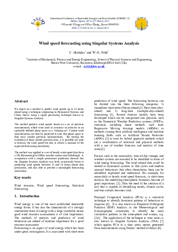 Pdf Wind Speed Forecasting Using Singular Systems Analysis Christina Skittides
