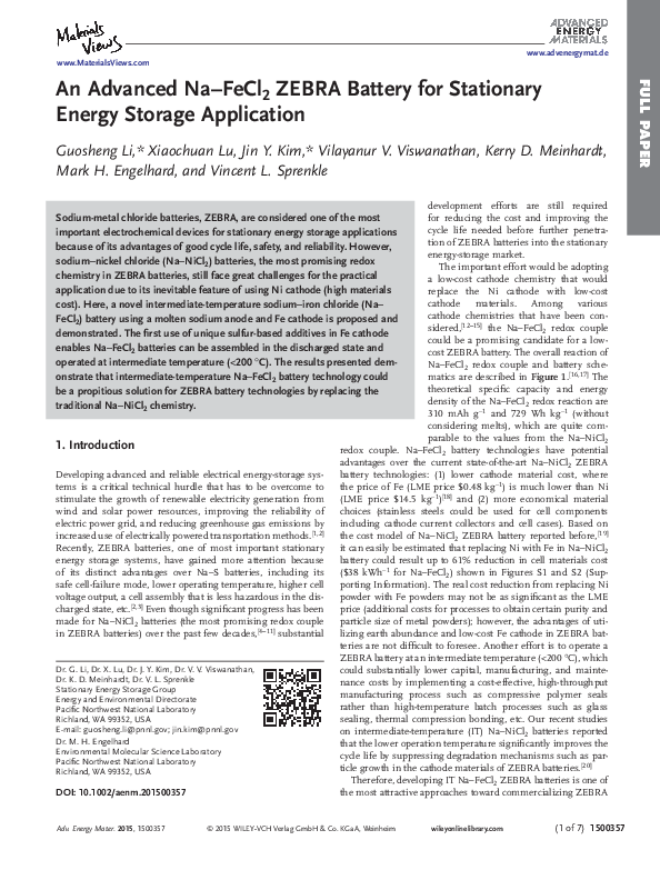 (PDF) An Advanced Na–FeCl2 ZEBRA Battery for Stationary Energy Storage ...