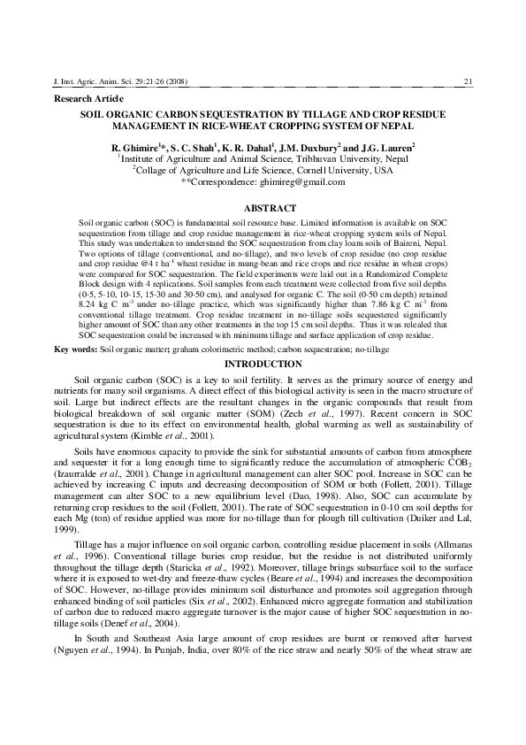 (PDF) SOIL ORGANIC CARBON SEQUESTRATION BY TILLAGE AND CROP RESIDUE MANAGEMENT IN RICE-WHEAT ...