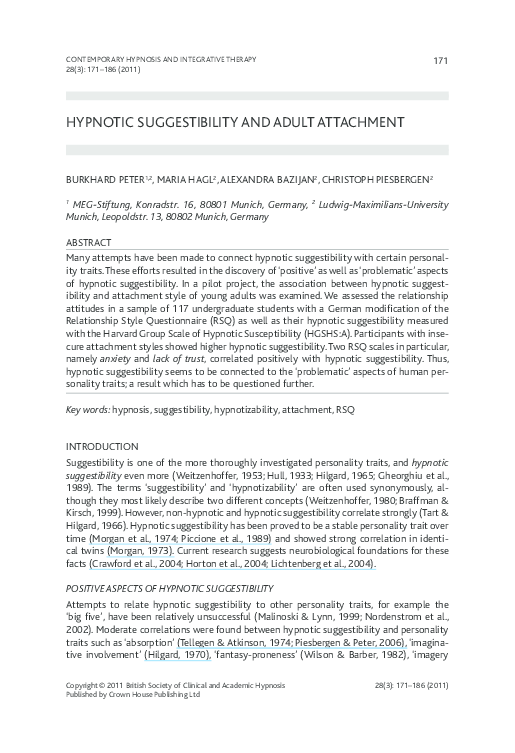 (PDF) Hypnotic Suggestibility and adult attachment