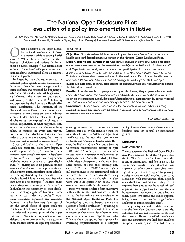 (PDF) The National Open Disclosure Pilot: evaluation of a policy ...