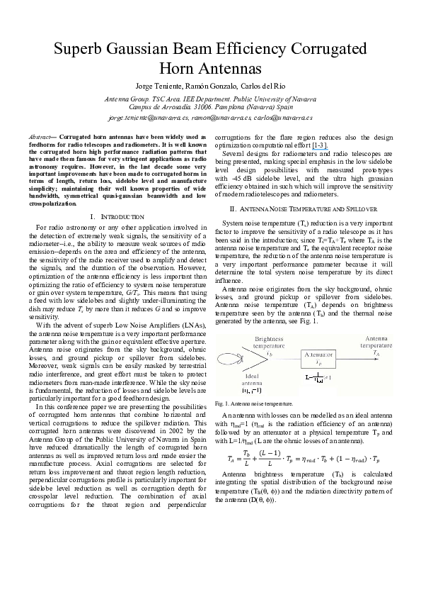 (PDF) Superb gaussian beam efficiency corrugated horn antennas