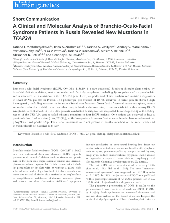 (PDF) A Clinical and Molecular Analysis of Branchio‐Oculo‐Facial ...