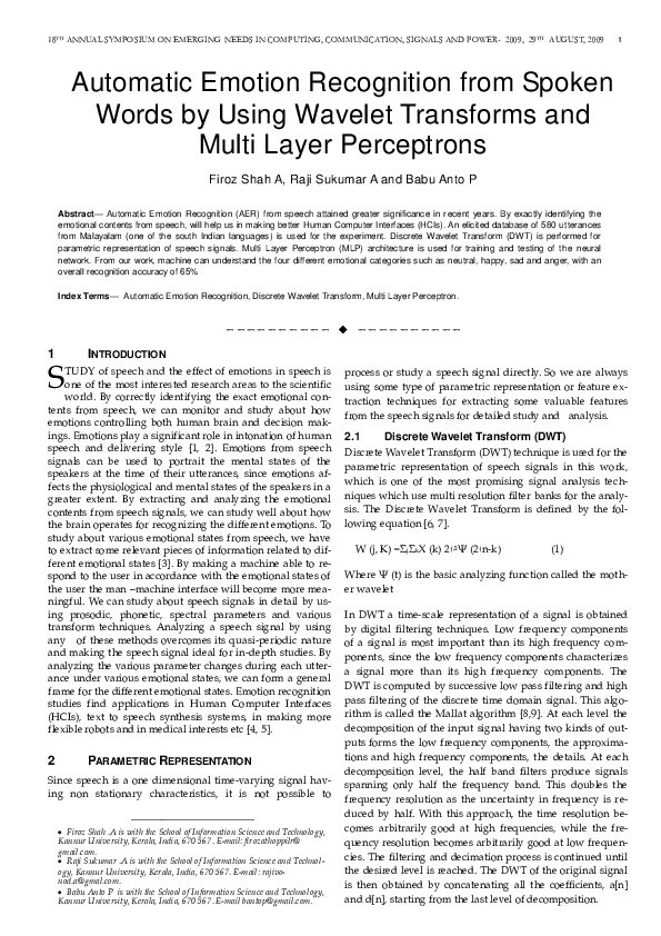 (PDF) Automatic Emotion Recognition from Spoken Words by Using Wavelet Transforms and Multi ...
