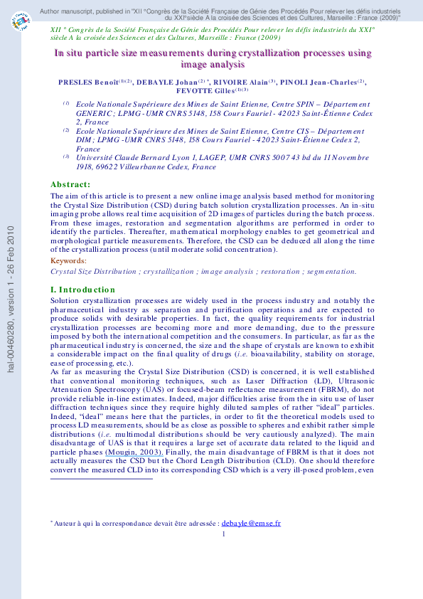Pdf In Situ Particle Size Measurements During Crystallization Processes Using Image Analysis