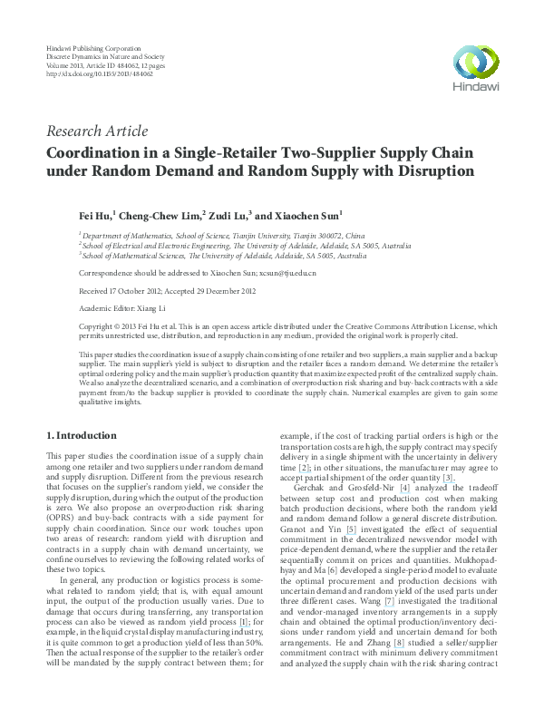 (PDF) Coordination in a Single-Retailer Two-Supplier Supply Chain under ...