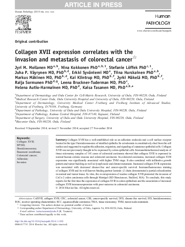 (PDF) Collagen XVII expression correlates with the invasion and ...