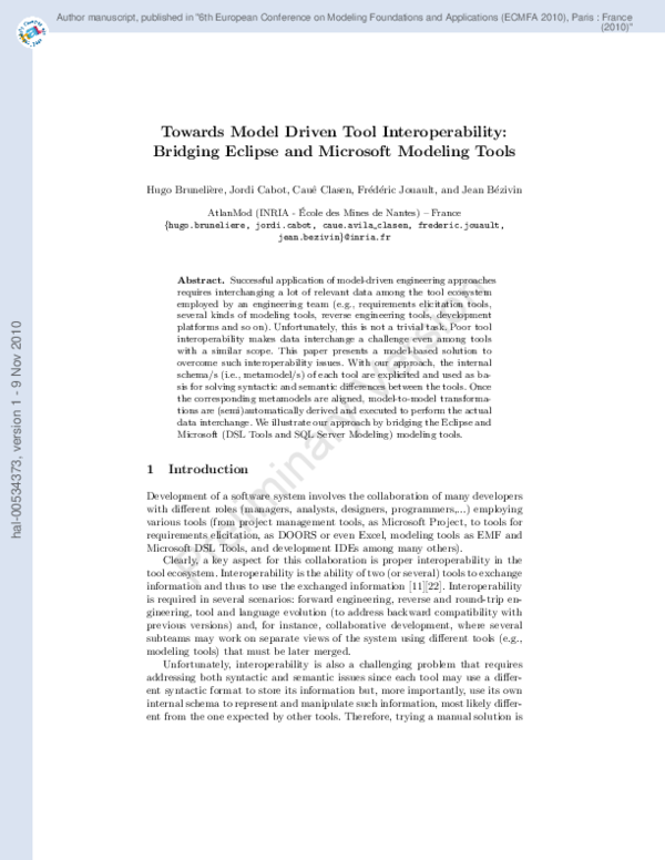 Pdf Towards Model Driven Tool Interoperability Bridging Eclipse And Microsoft Modeling Tools