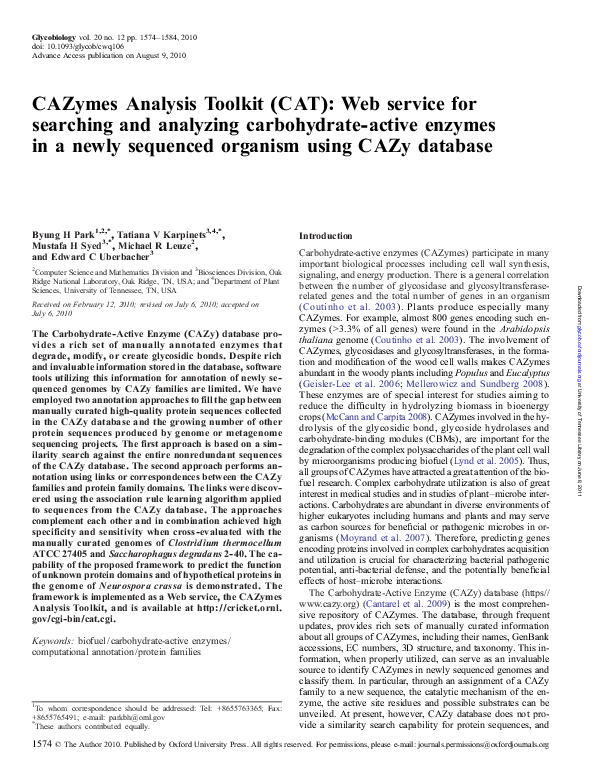 (PDF) CAZymes Analysis Toolkit (CAT): Web service for searching and ...