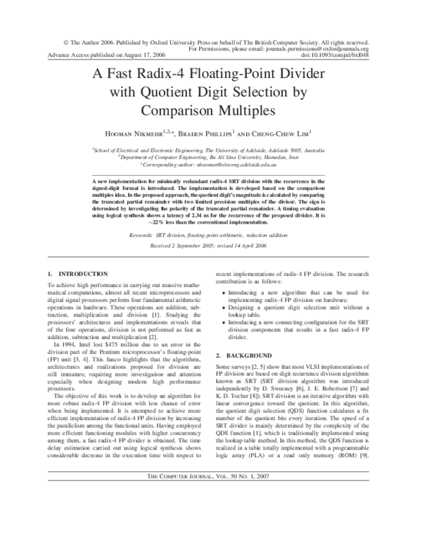 Pdf A Fast Radix 4 Floating Point Divider With Quotient Digit