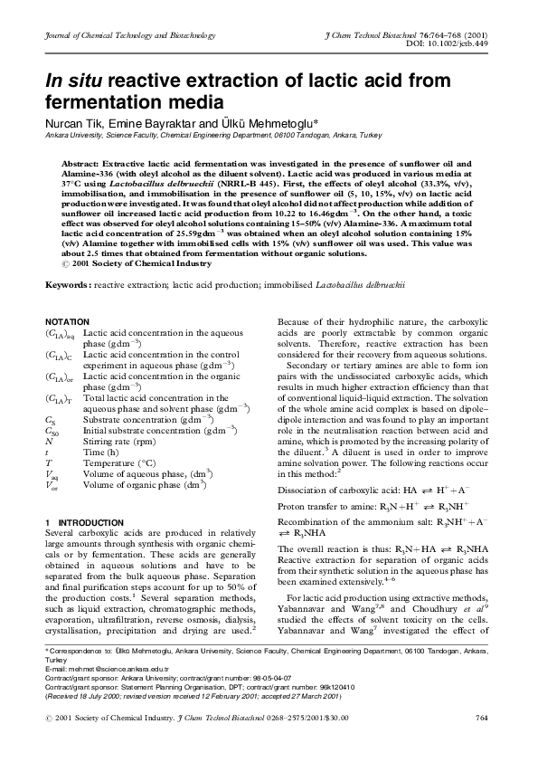 (PDF) In situ reactive extraction of lactic acid from fermentation media