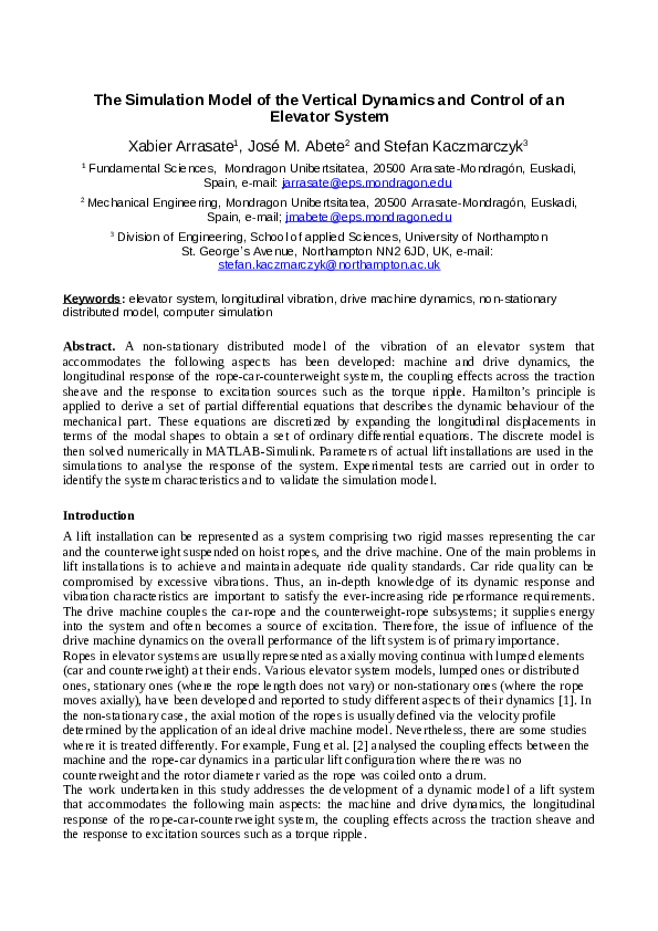 Pdf The Simulation Model Of The Vertical Dynamics And Control Of An Elevator System