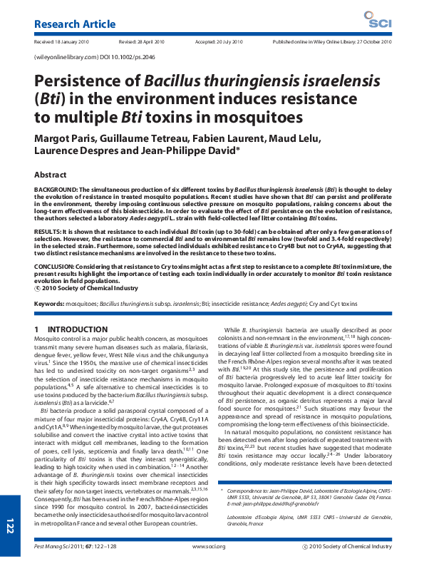 (PDF) Persistence of Bacillus thuringiensis israelensis (Bti) in the ...