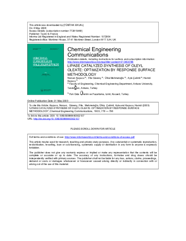 Pdf Lipase Catalyzed Synthesis Of Oleyl Oleate Optimization By Response Surface Methodology