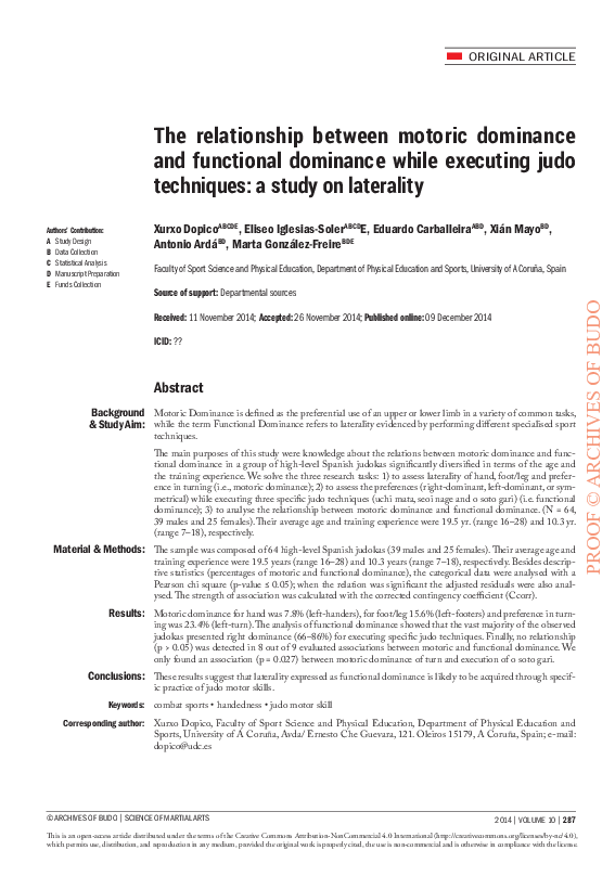 (PDF) The relationship between motoric dominance and functional dominance while executing judo ...