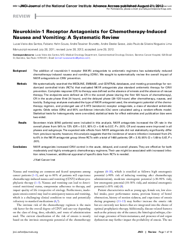 (PDF) Neurokinin-1 Receptor Antagonists for Chemotherapy-Induced Nausea and Vomiting: A ...