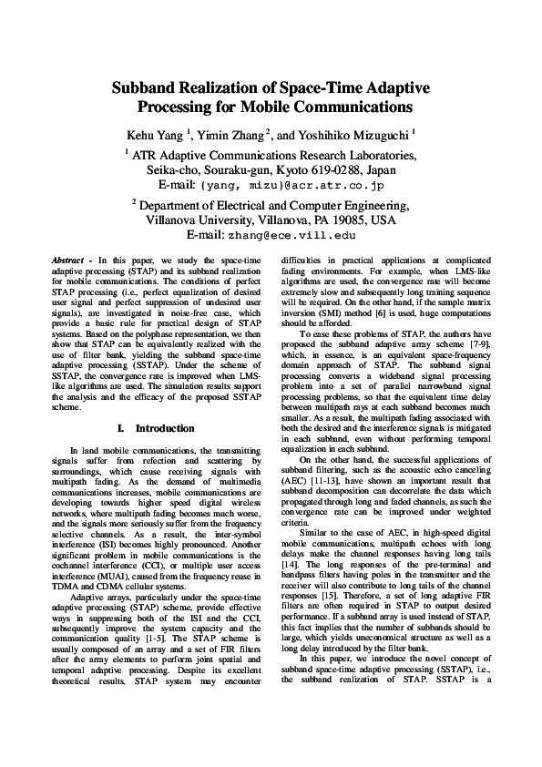 Pdf Subband Realization Of Space Time Adaptive Processing For Mobile Communications Kehu 