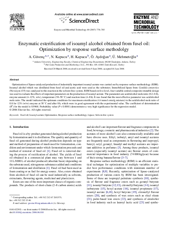 Pdf Enzymatic Esterification Of Isoamyl Alcohol Obtained From Fusel Oil Optimization By