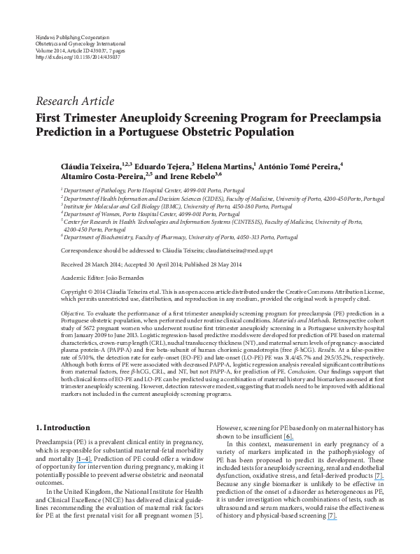 (PDF) First Trimester Aneuploidy Screening Program for Preeclampsia ...