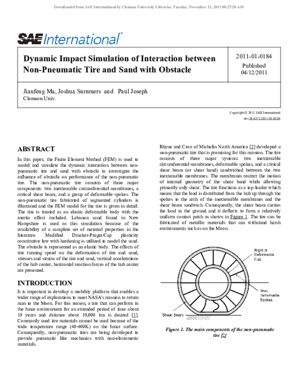 (PDF) Dynamic Impact Simulation of Interaction between Non-Pneumatic Tire and Sand with Obstacle