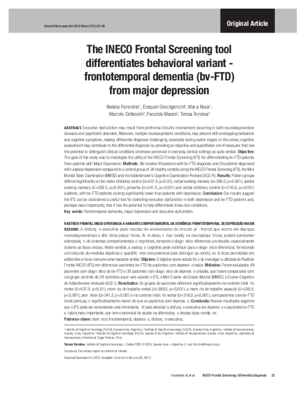 (PDF) The INECO Frontal Screening tool differentiates behavioral ...