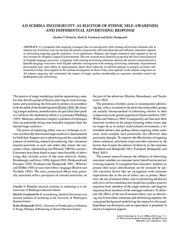 (PDF) AD SCHEMA INCONGRUITY AS ELICITOR OF ETHNIC SELF-AWARENESS AND ...