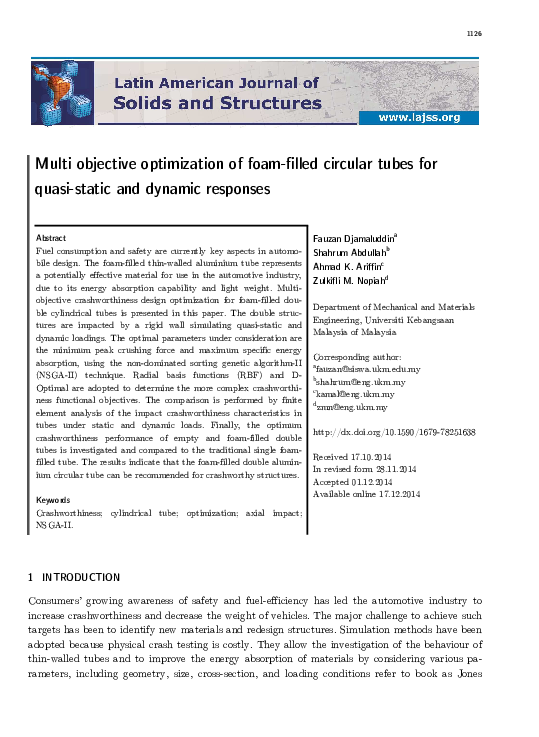 Pdf Multi Objective Optimization Of Foam Filled Circular Tubes For