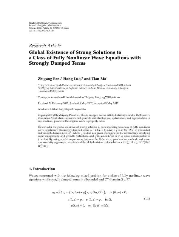 Pdf Global Existence Of Strong Solutions To A Class Of Fully Nonlinear Wave Equations With