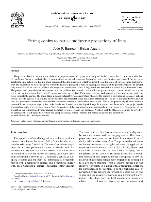 (PDF) Fitting conics to paracatadioptric projections of lines | Helder Araujo - Academia.edu