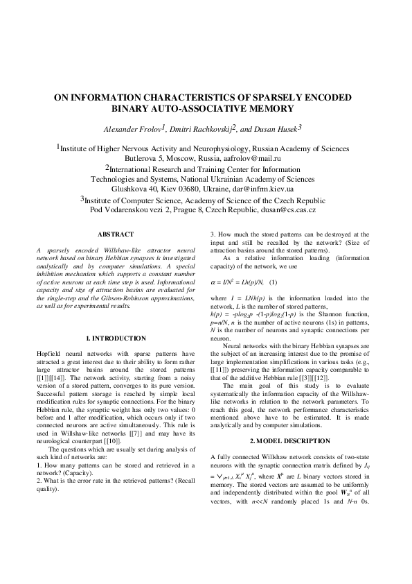 Pdf On Information Characteristics Of Sparsely Encoded Binary Auto Associative Memory