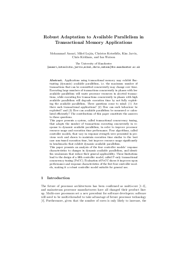 (PDF) Robust Adaptation to Available Parallelism in Transactional Memory Applications