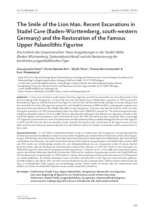 (PDF) The Smile of the Lion Man. Recent Excavations in Stadel Cave ...