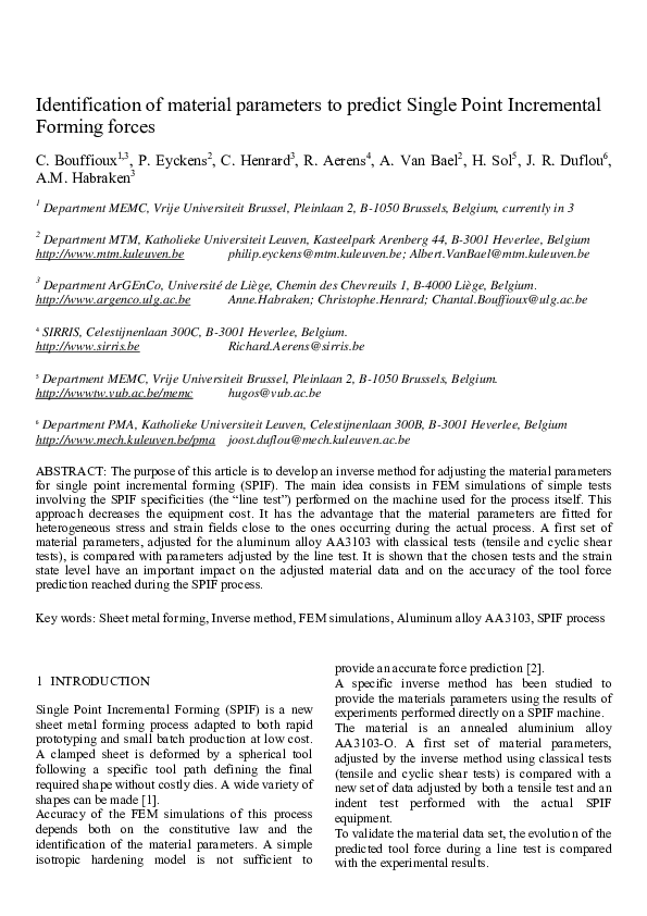 (PDF) Identification of material parameters to predict Single Point Incremental Forming forces
