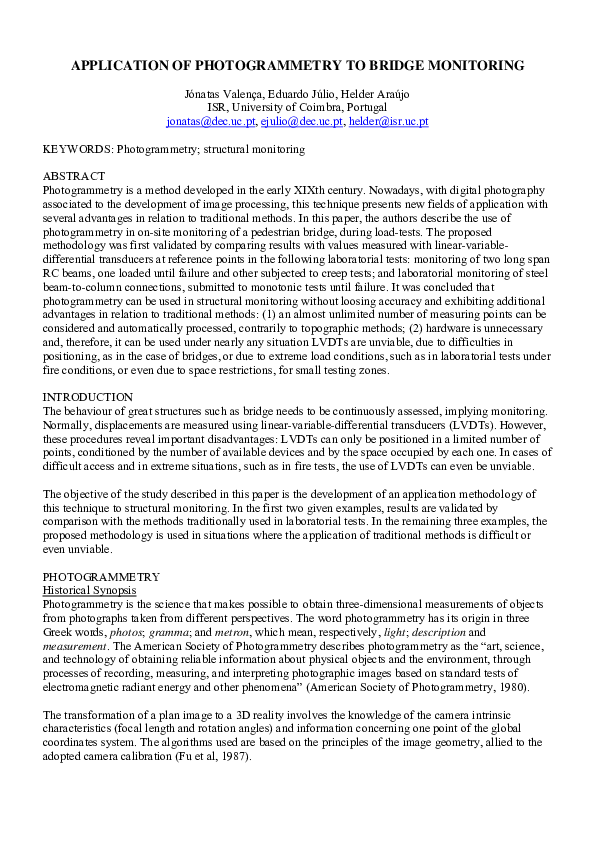 (PDF) Application of photogrammetry to bridge monitoring