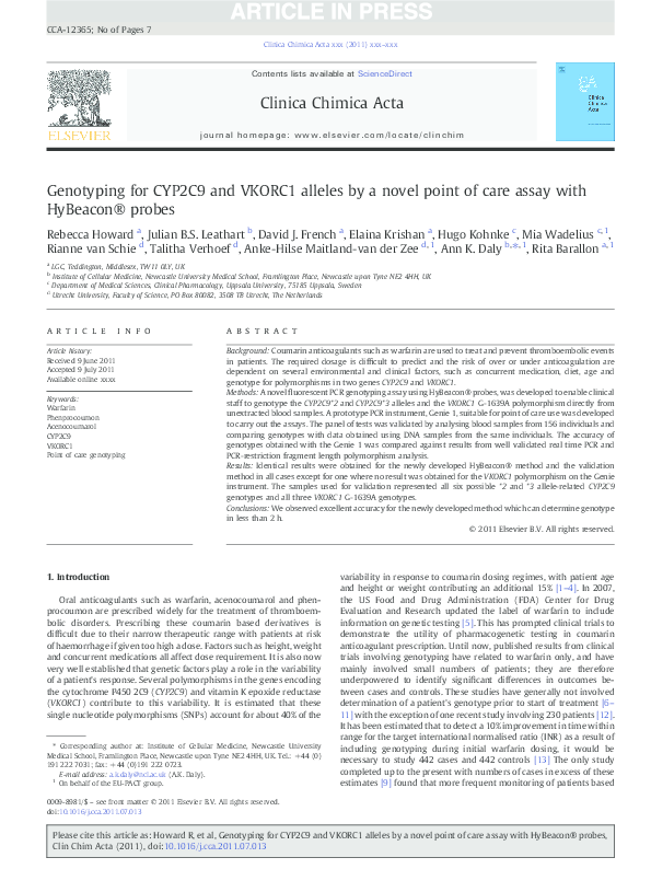 (PDF) Genotyping for CYP2C9 and VKORC1 alleles by a novel point of care ...