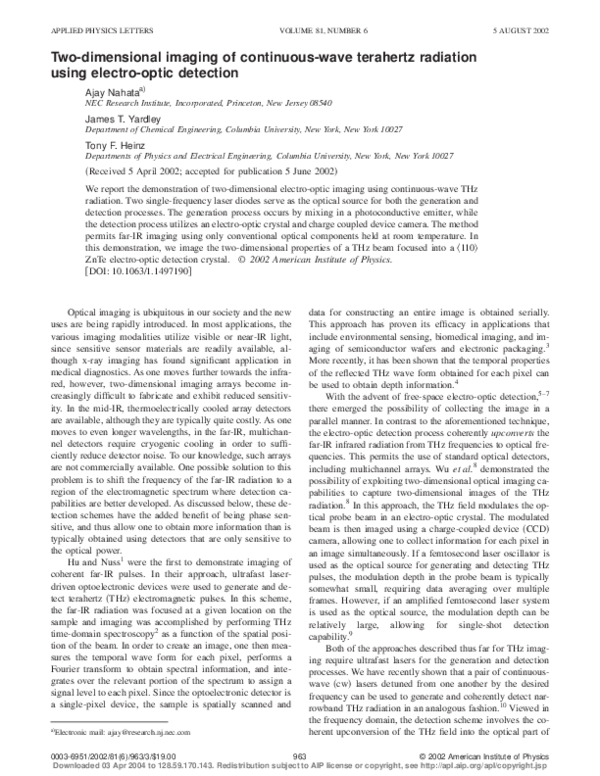 (PDF) Two-dimensional imaging of continuous-wave terahertz radiation using electro-optic detection