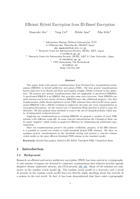 Pdf Efficient Hybrid Encryption From Id Based Encryption Hideki