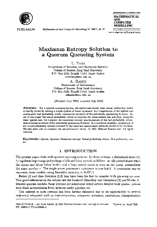 Pdf Maximum Entropy Solution To A Quorum Queueing System
