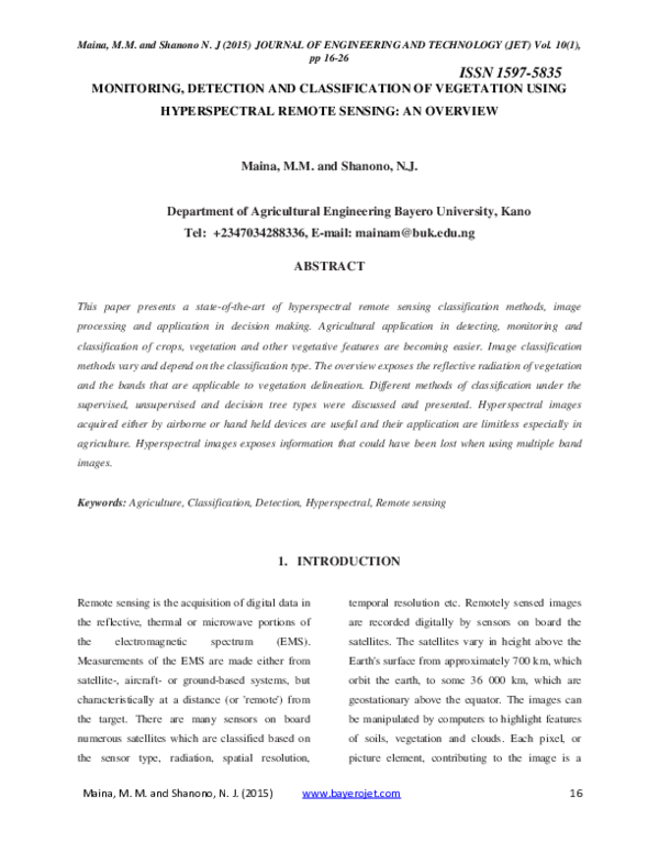 (PDF) MONITORING, DETECTION AND CLASSIFICATION OF VEGETATION USING HYPERSPECTRAL REMOTE SENSING ...