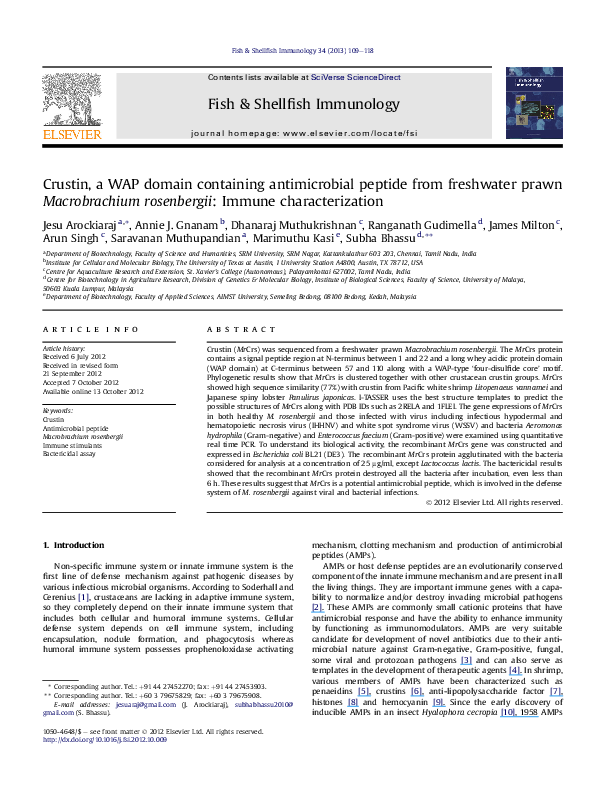 (PDF) Crustin, a WAP domain containing antimicrobial peptide from ...